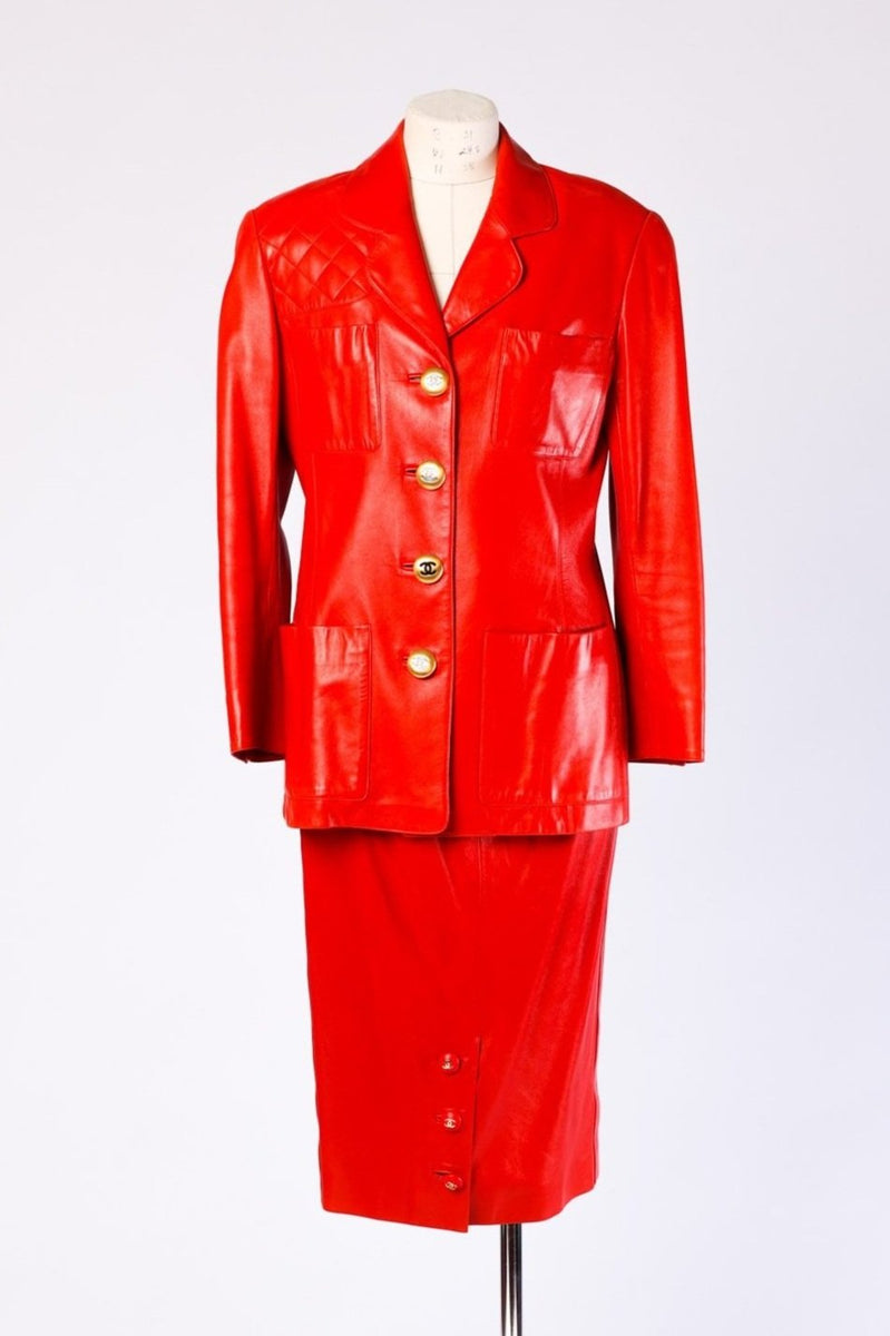 CHANEL | Vintage Red Leather Blazer and Skirt Set – The Vault By Volpe ...